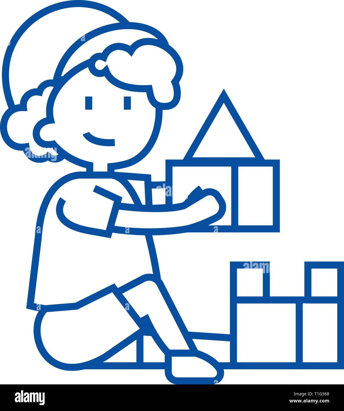 Boy playing with toys,box of bricks line icon concept. Boy playing with ...