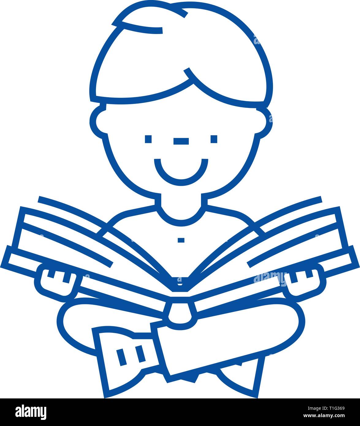 Boy reading book line icon concept. Boy reading book flat vector symbol ...