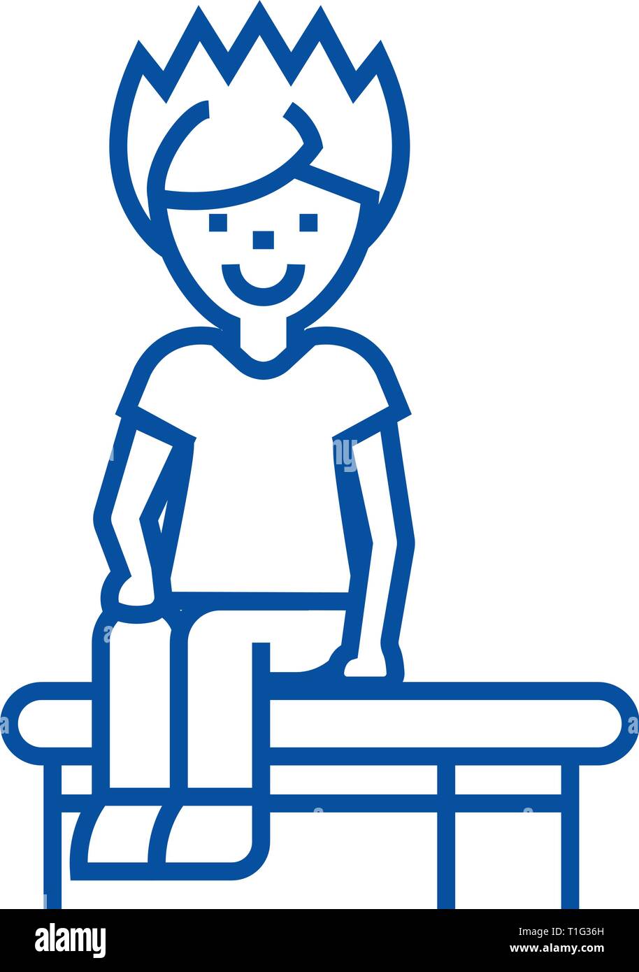 Boy sitting on the bench line icon concept. Boy sitting on the bench ...