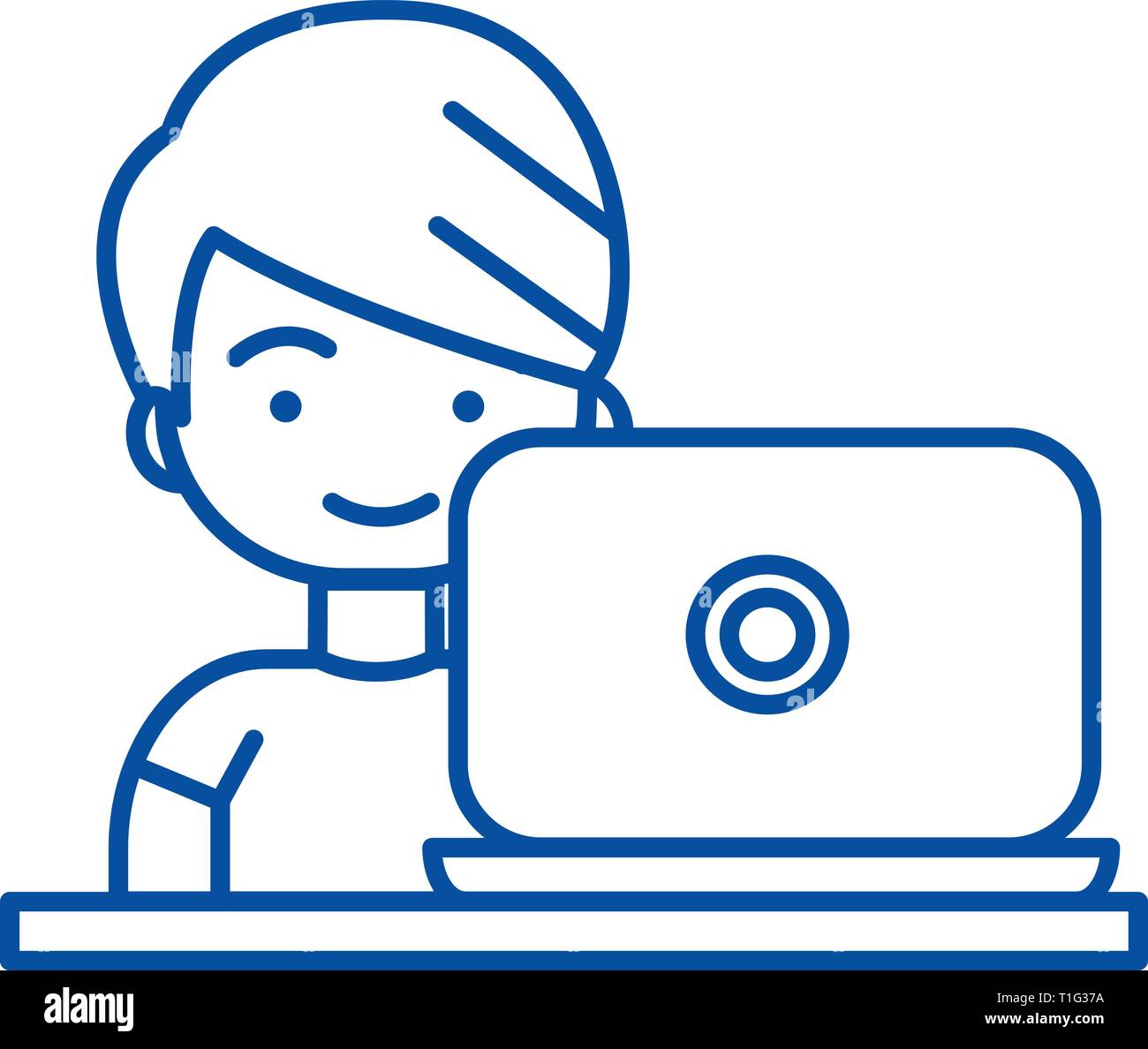 Boy working on laptop line icon concept. Boy working on laptop flat ... Boy working on laptop line icon concept. Boy working on laptop flat ...