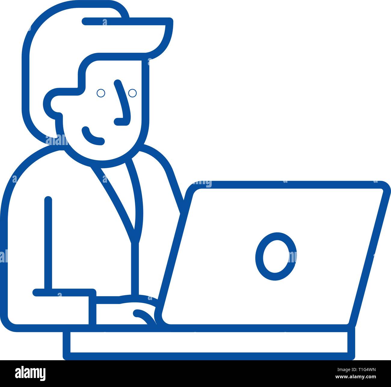 Businessman behind a laptop line icon concept. Businessman behind a ...