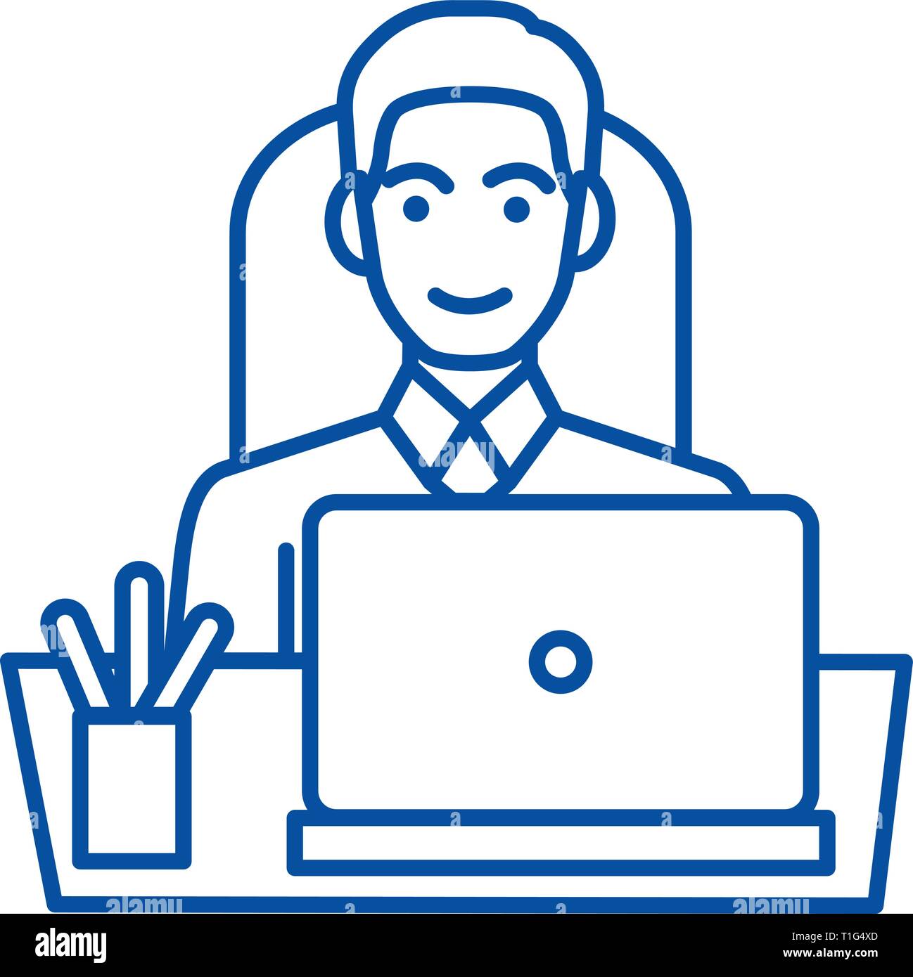 Businessman in office at table with line icon concept. Businessman in ...