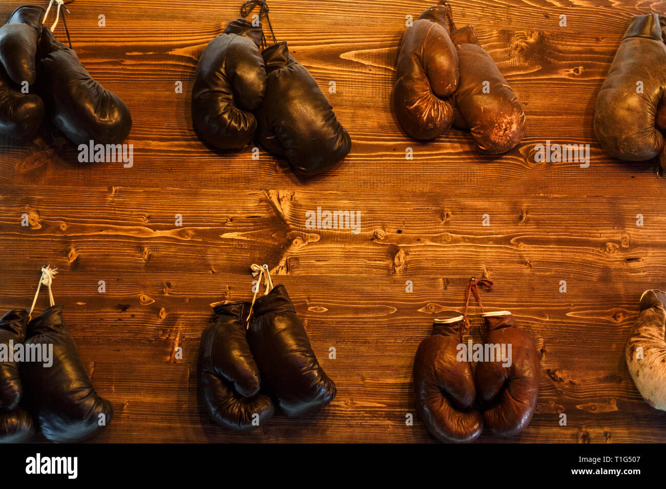 Photo of several boxing gloves hanging on wall Stock Photo - Alamy