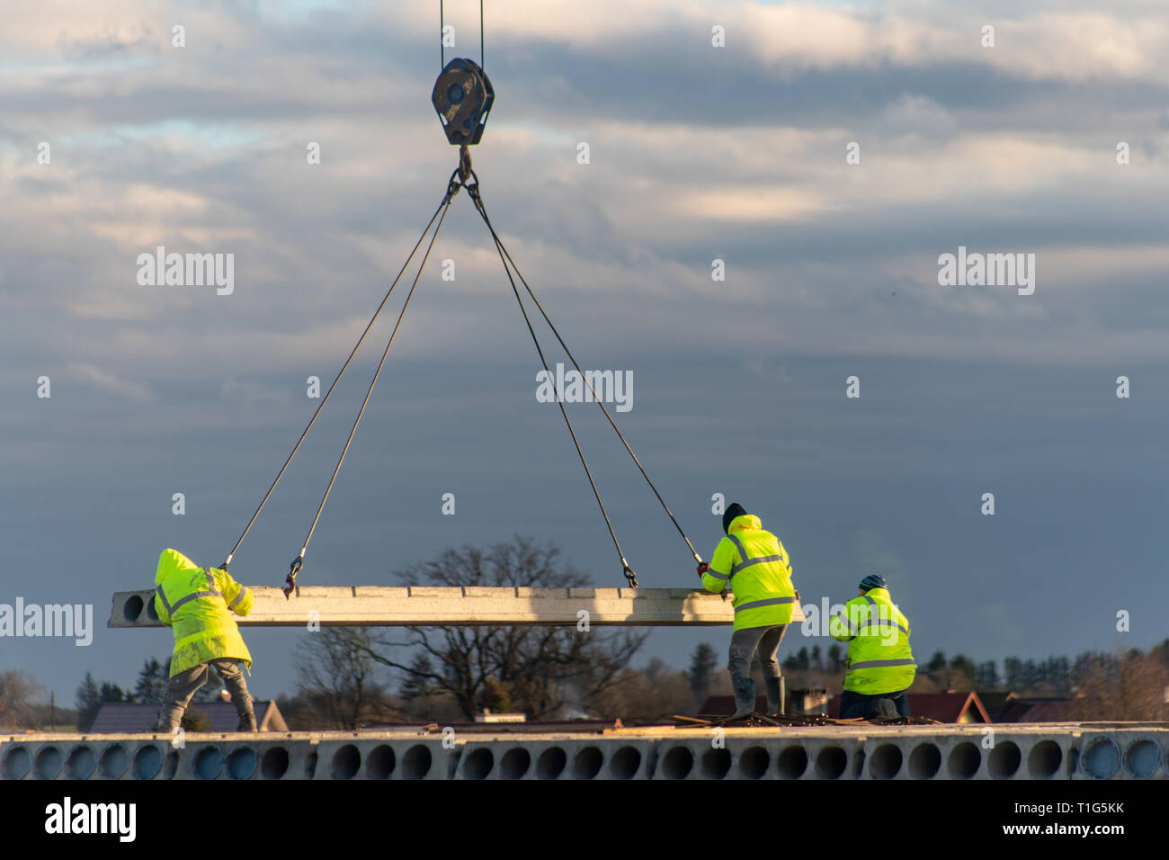 Employees working on the construction of a block of flats. Construction ...
