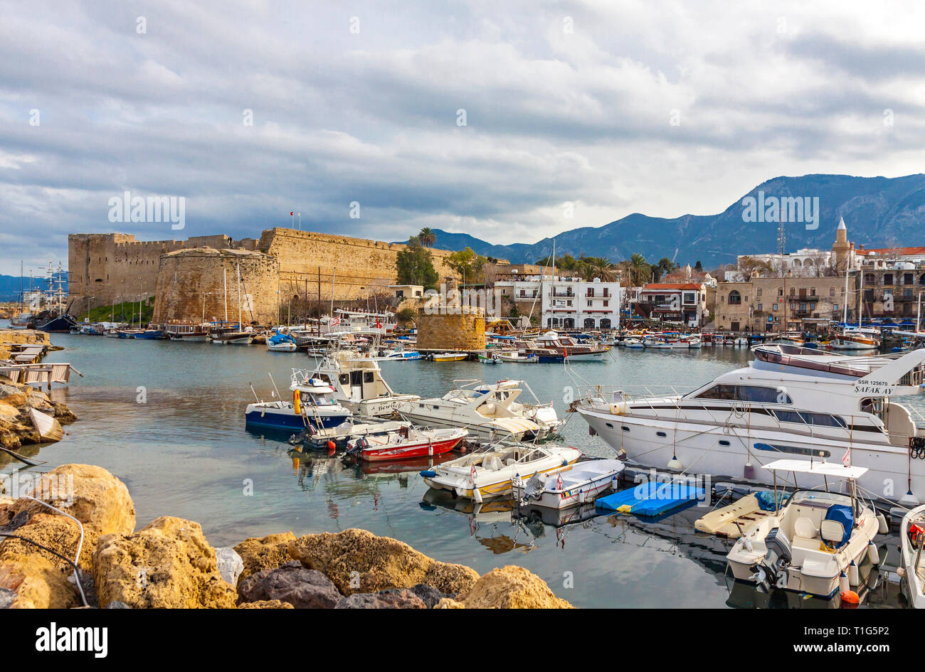 Kyrenia, Cyprus - January 19, 2015: Old harbour and Kyrenia castle ...
