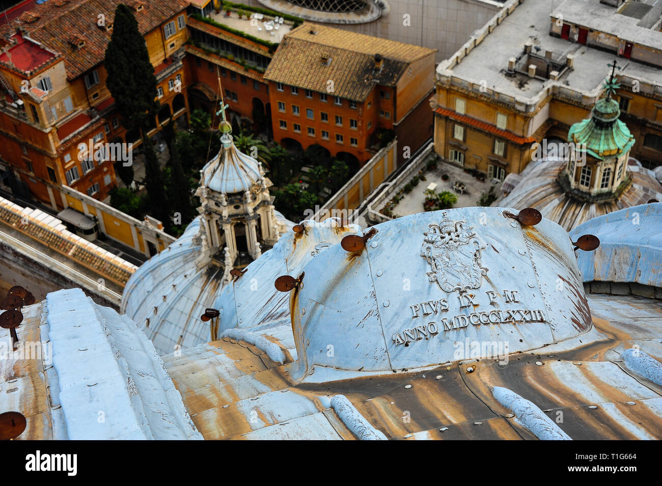 Roof top view from St Peter's Basilica dome with memorial plaque ...