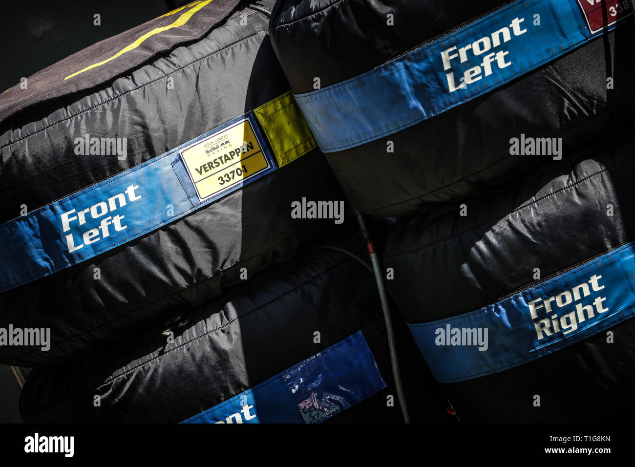 MELBOURNE, AUSTRALIA - MARCH 14: Stack of tires on day 1 of the 2019 ...