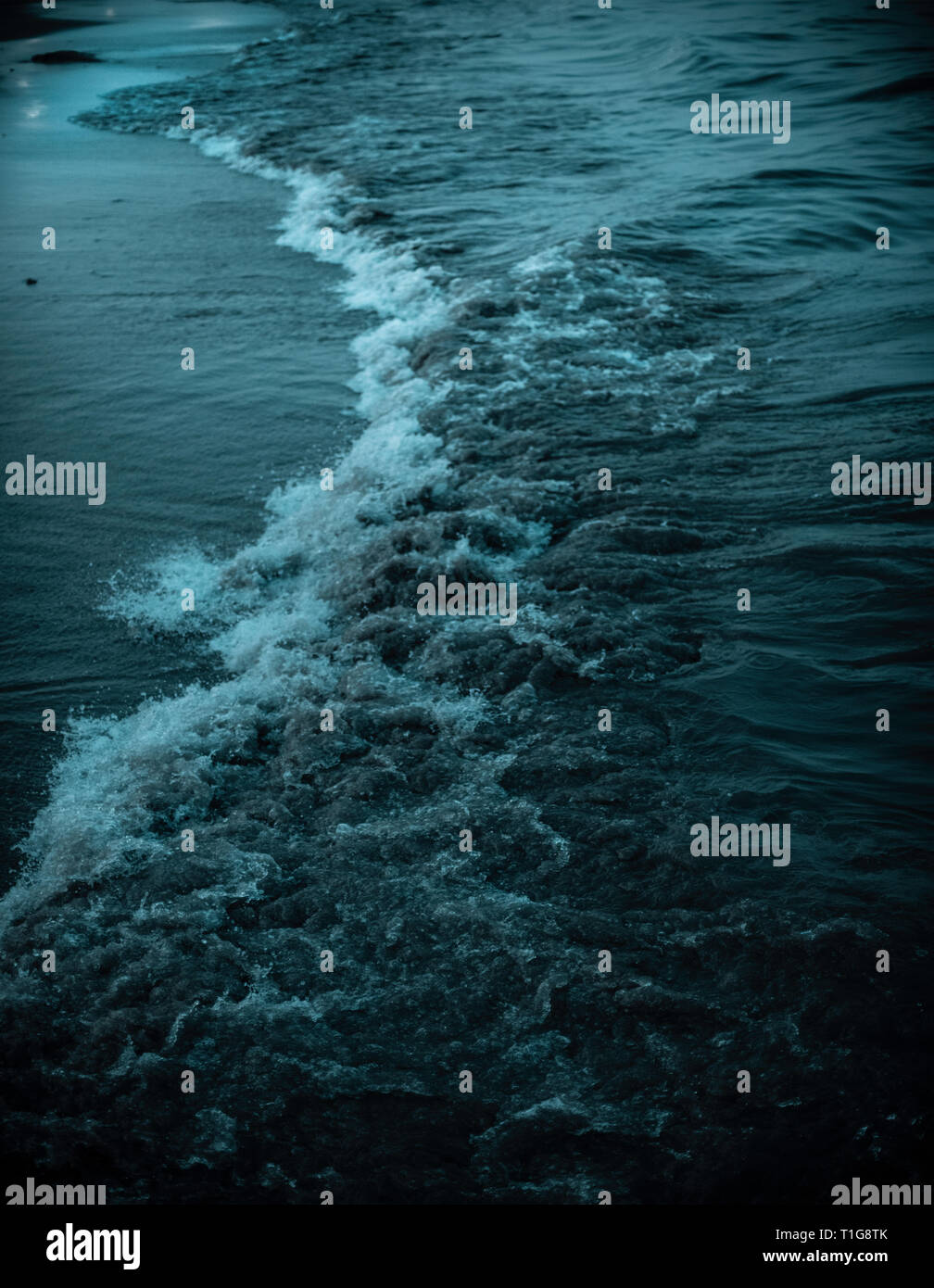 Seashore at sunset wets the sand and creates blue textures Stock Photo ...