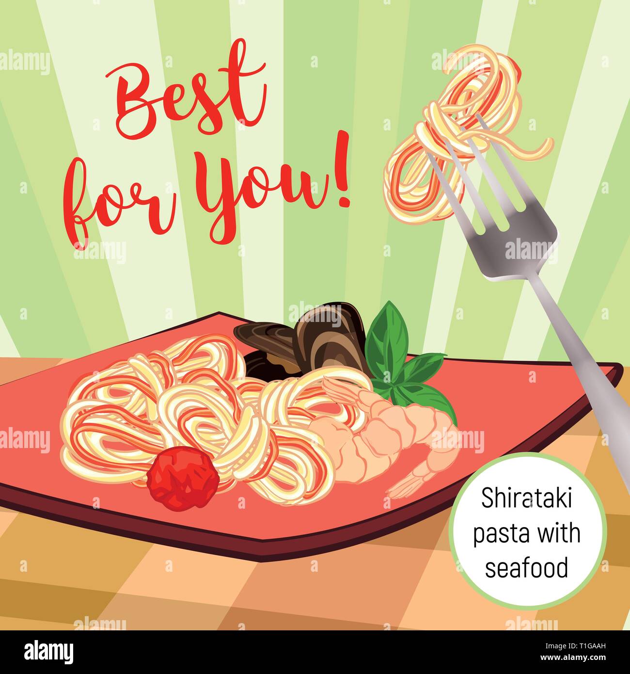 Pasta with seafood concept background. Cartoon illustration of pasta ...