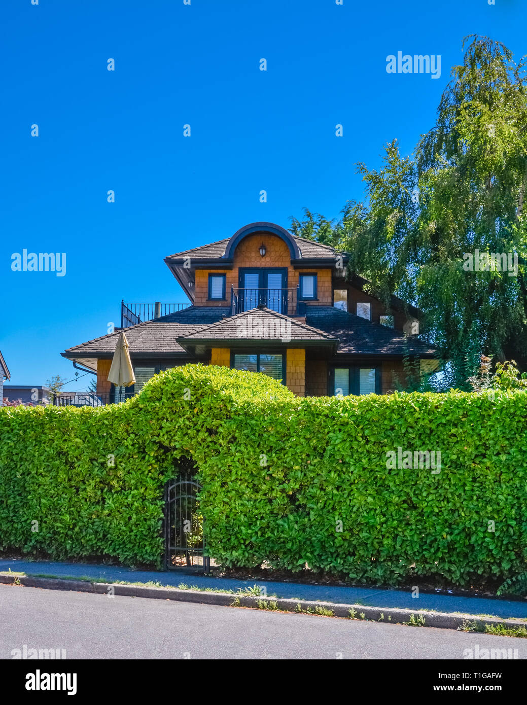 Green hedge with arch over entrance gate in front of residential house ...