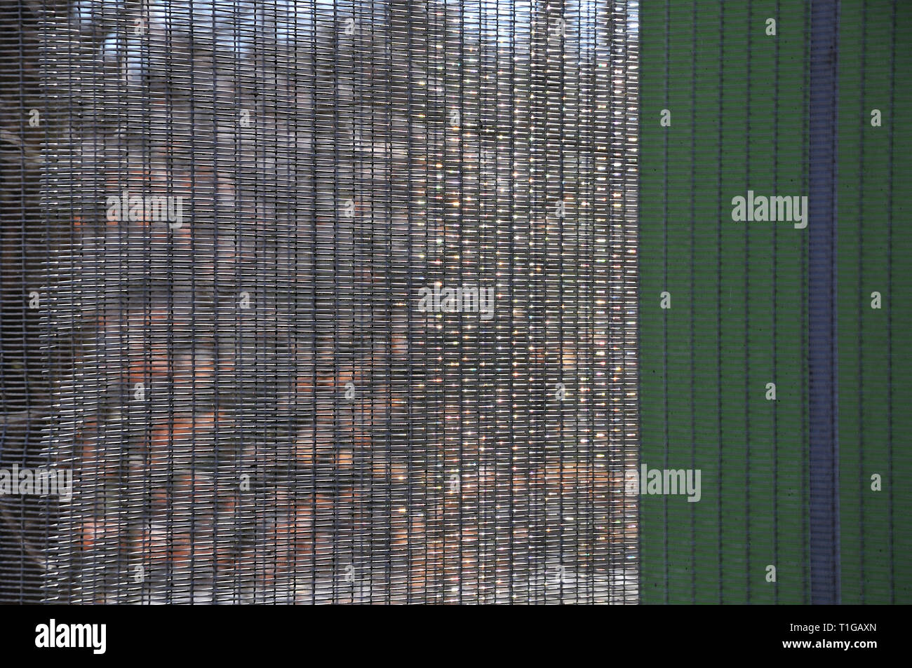 dense mesh of stainless steel at green facade of a building reflecting ...