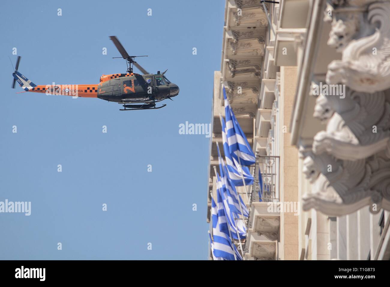 Helicopter of Greek army seen flying over during the Military parade ...
