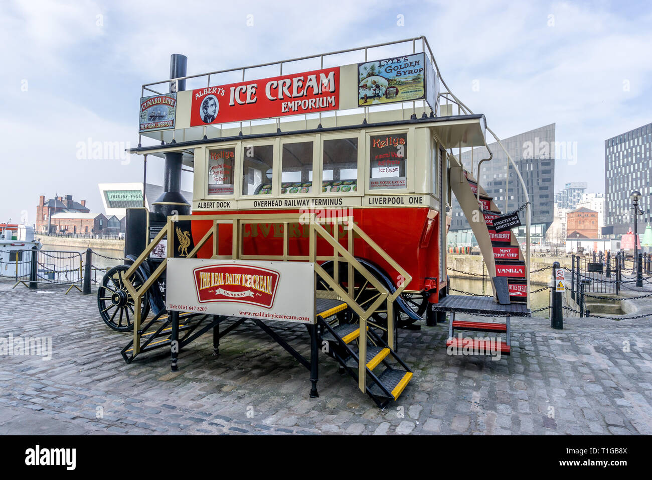 Old steam train used as an ice cream van, Albert Docks, Liverpool ...