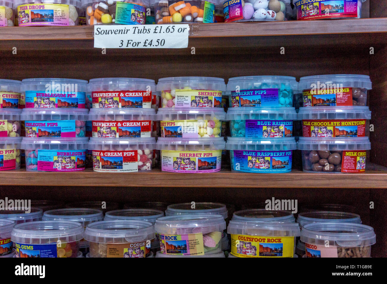 Sweet display in a sweet shop, Albert Dock, Liverpool, England, UK ...