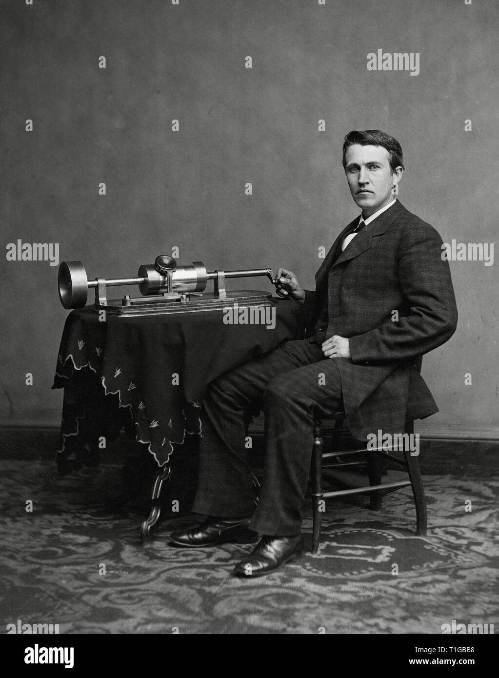 Thomas Alva Edison with his phonograph (2nd model), taken in Mathew ...