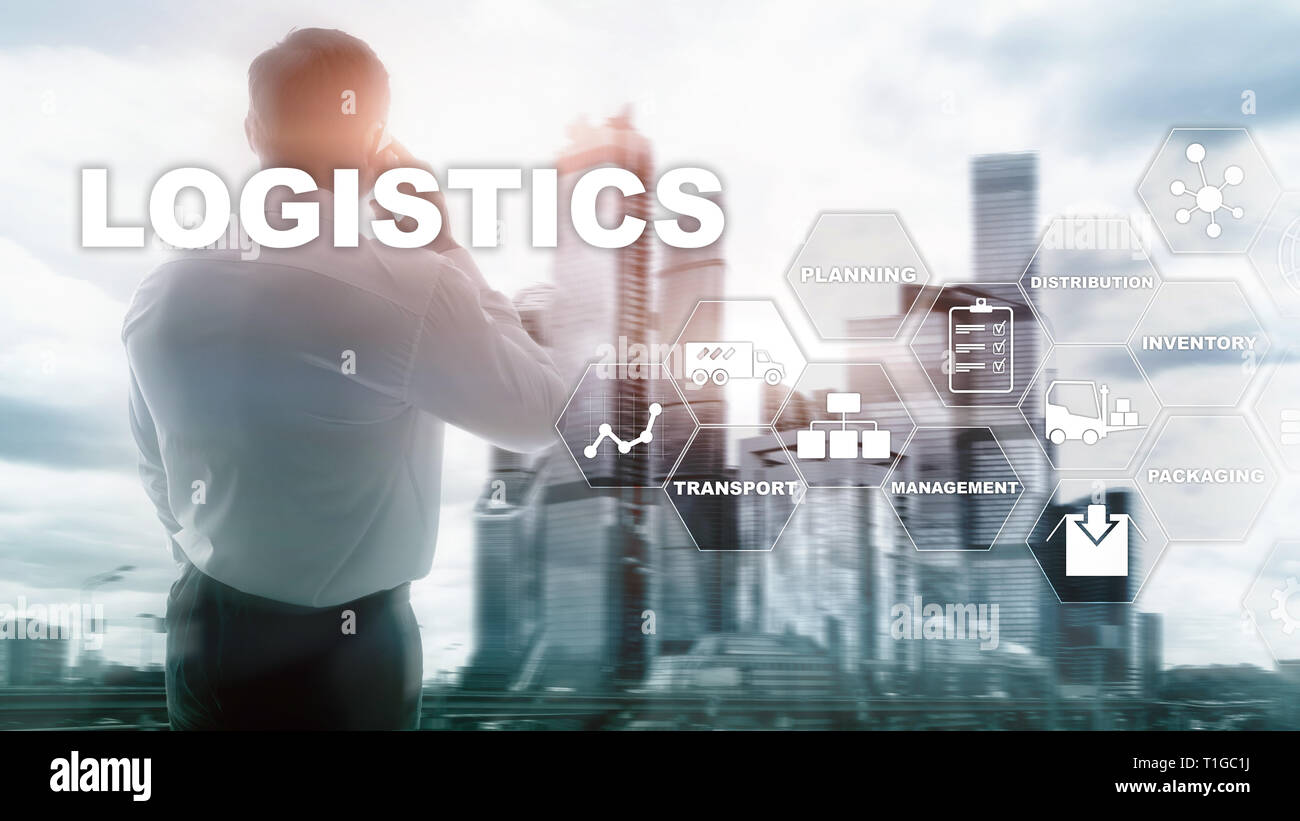 Logistic and transport concept. Businessman shows logistics diagram ...