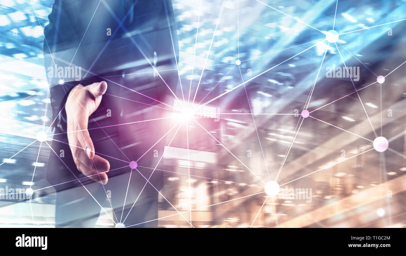 Blockchain network on blurred skyscrapers background. Financial ...