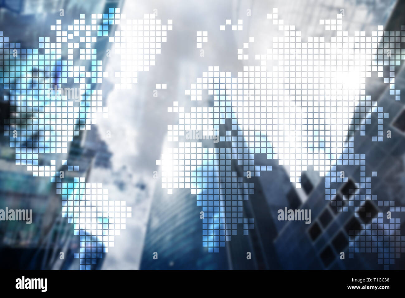 Double exposure world map on skyscraper background. Communication and ...