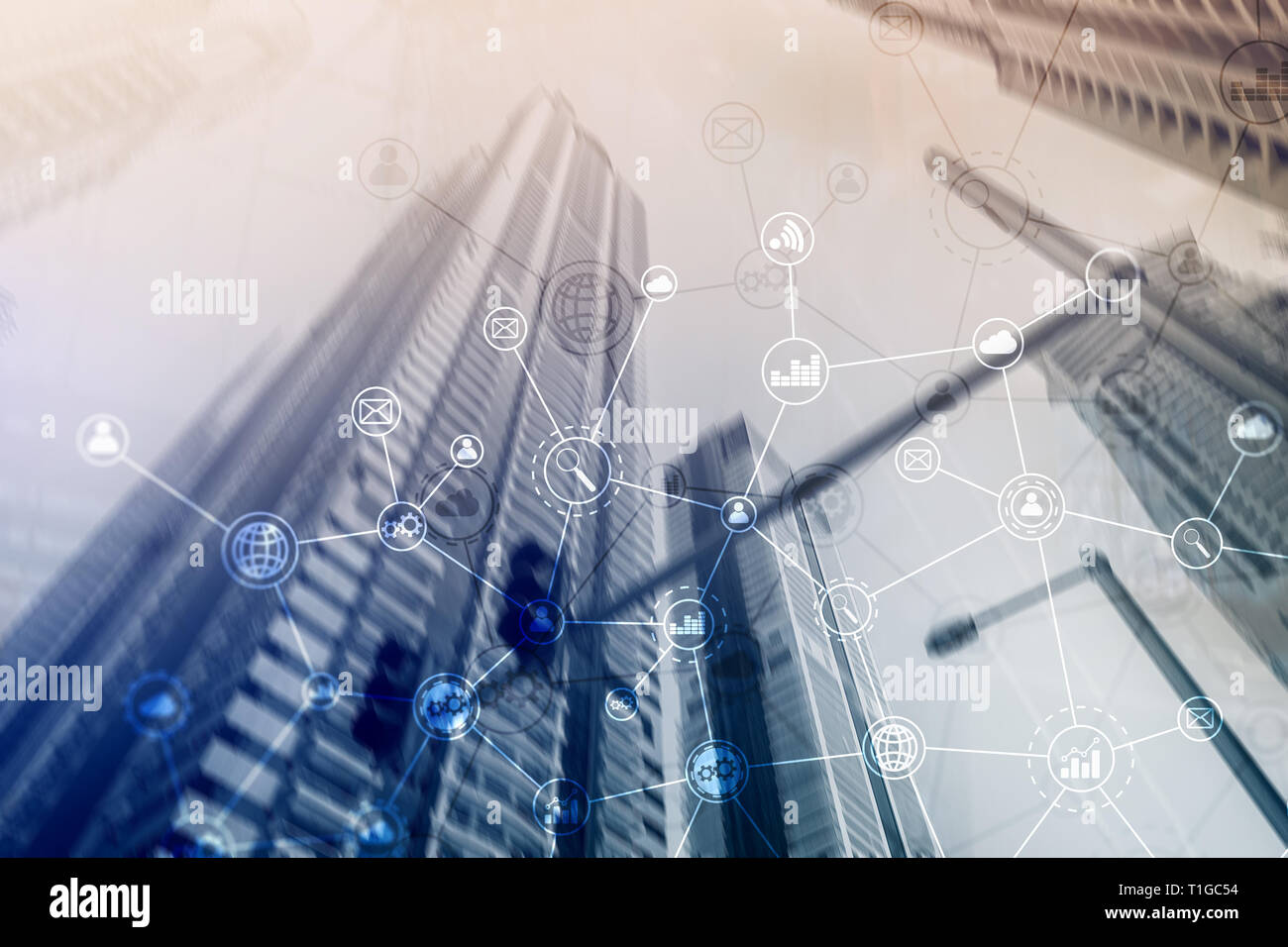 Double exposure Business organization structure on blurred background ...