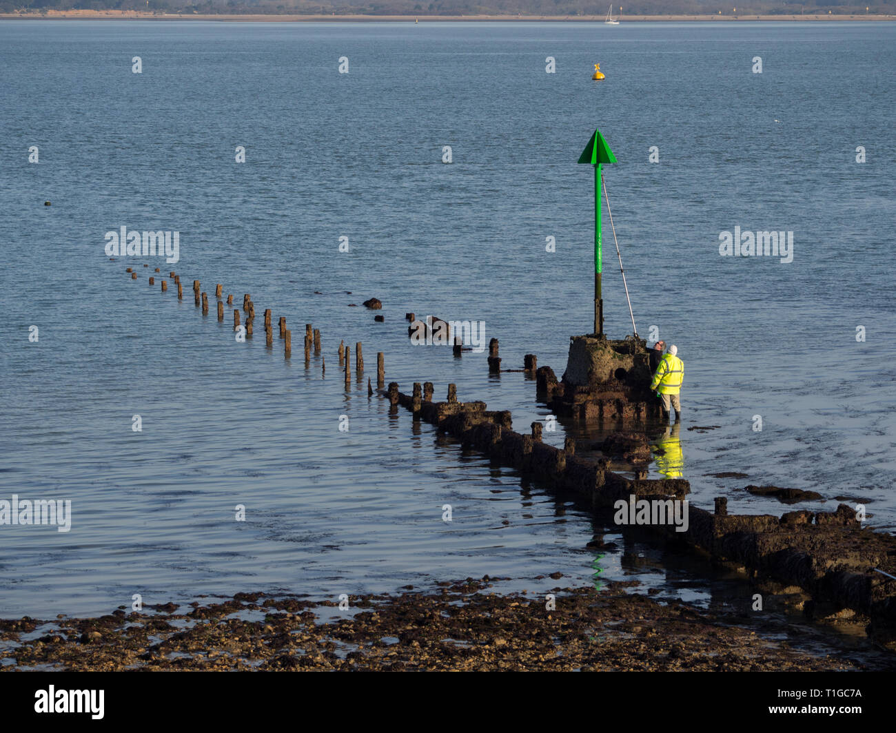 pair of two workmen men workers in high vis working maintaining ...