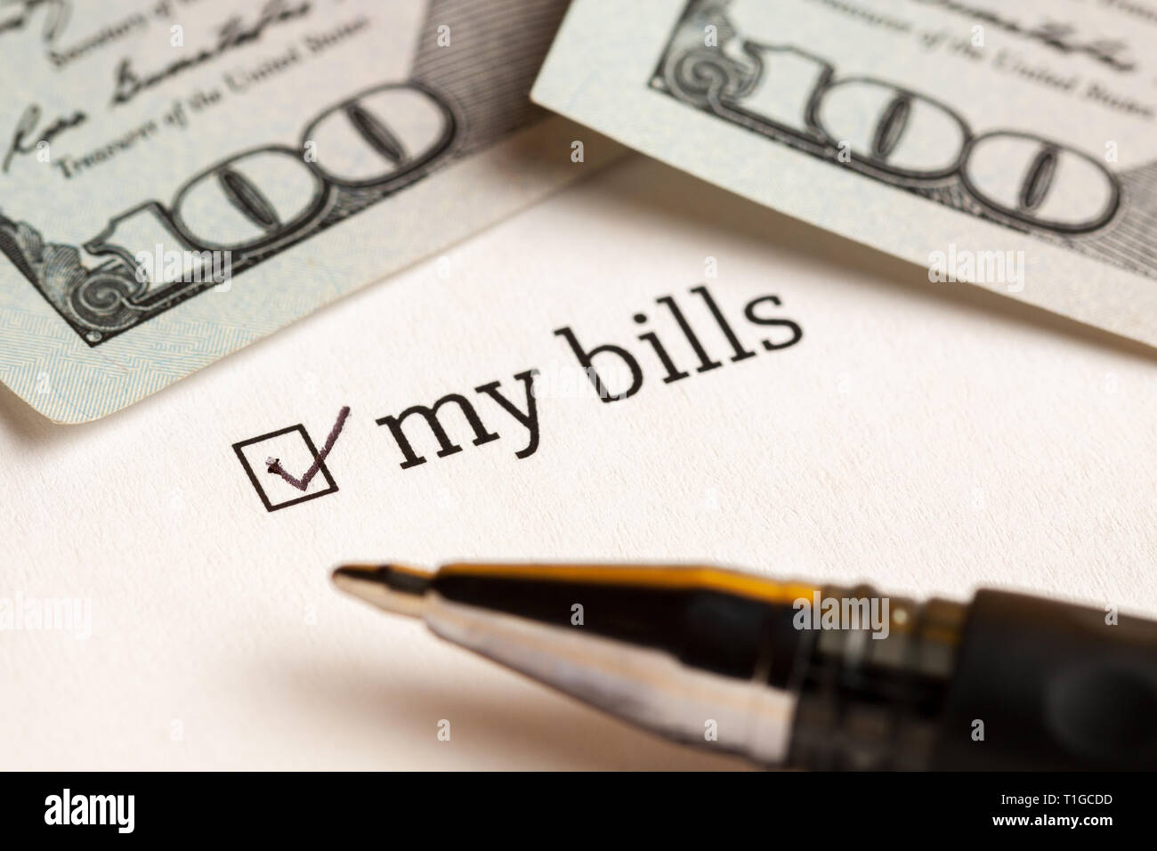 Checked checkbox with word my bills and dollars at background ...