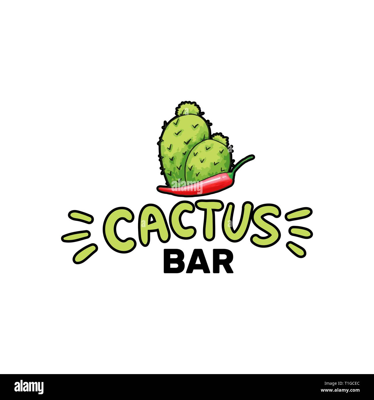 Cactus Bar Logo with lettering and chili pepper hand drawn illustration ...