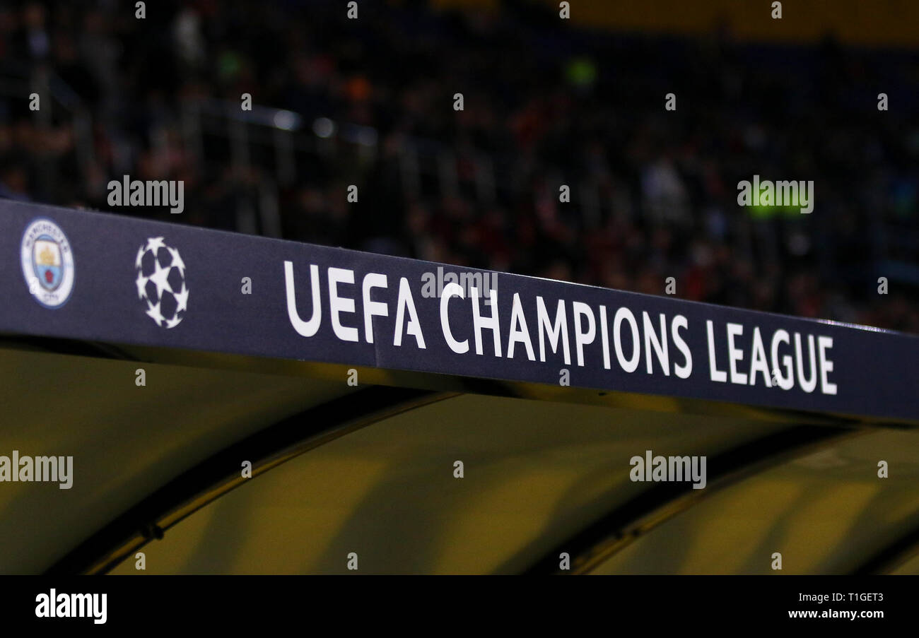 KHARKIV, UKRAINE - OCTOBER 23, 2018: UEFA Champions League logo seen on ...