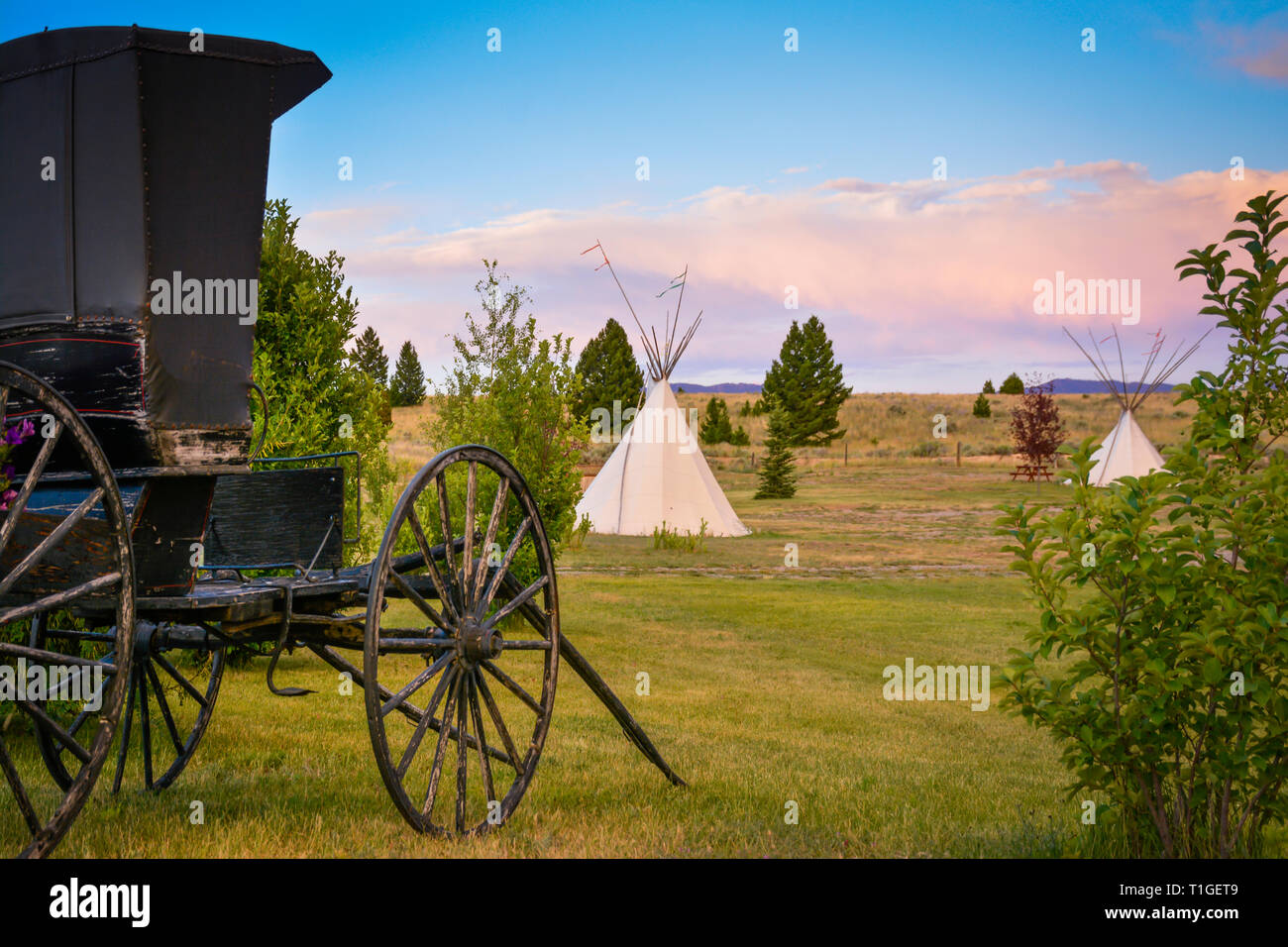 A mysterious and lonesome view of an antique style two seat surrey or ...
