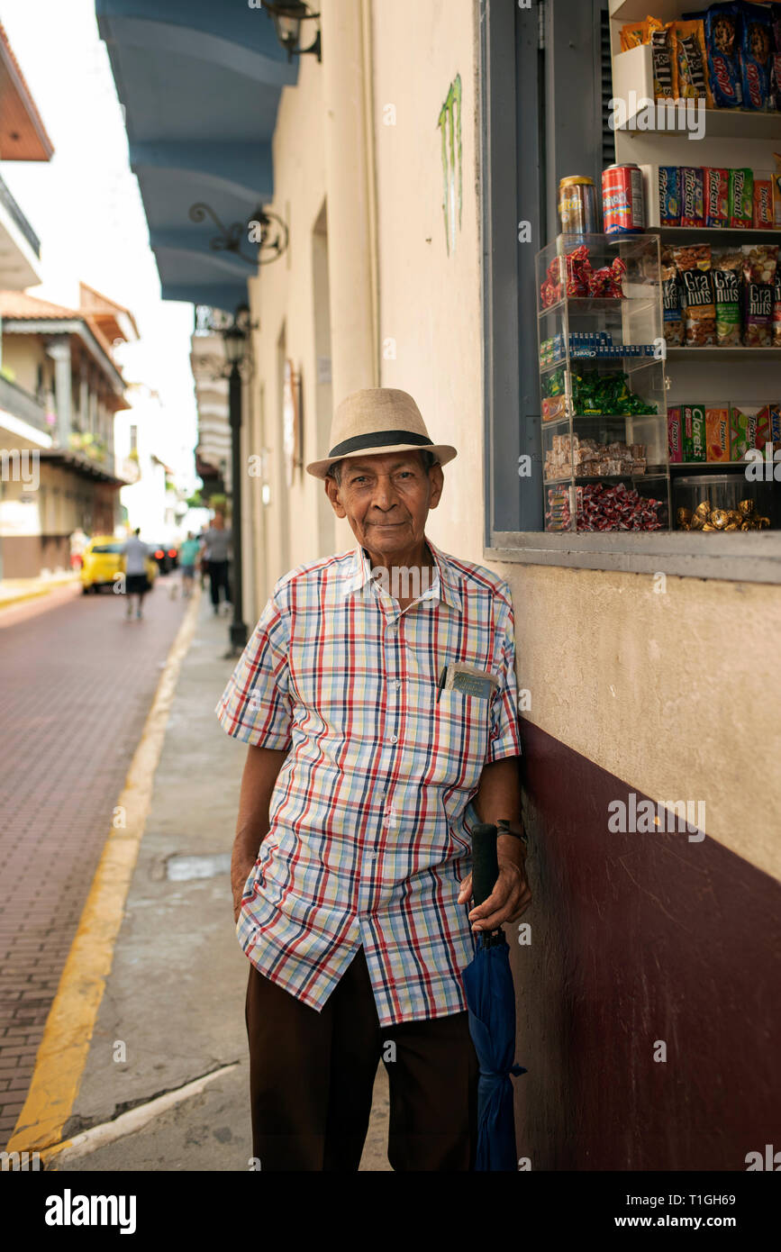 Street portrait of unknown latino man in the historic town of Panama ...