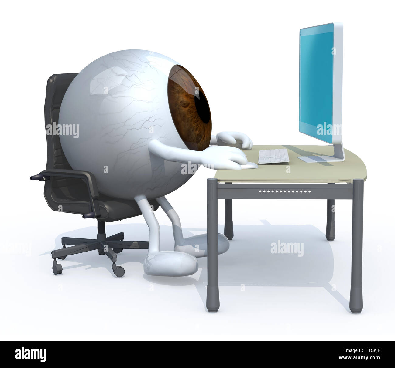 brown eyeball with arms and legs seating working on desk with computer ...