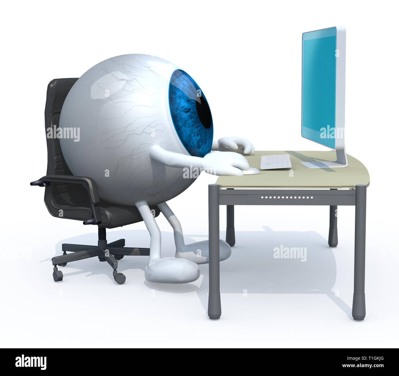 blue eyeball with arms and legs seating working on desk with computer ...