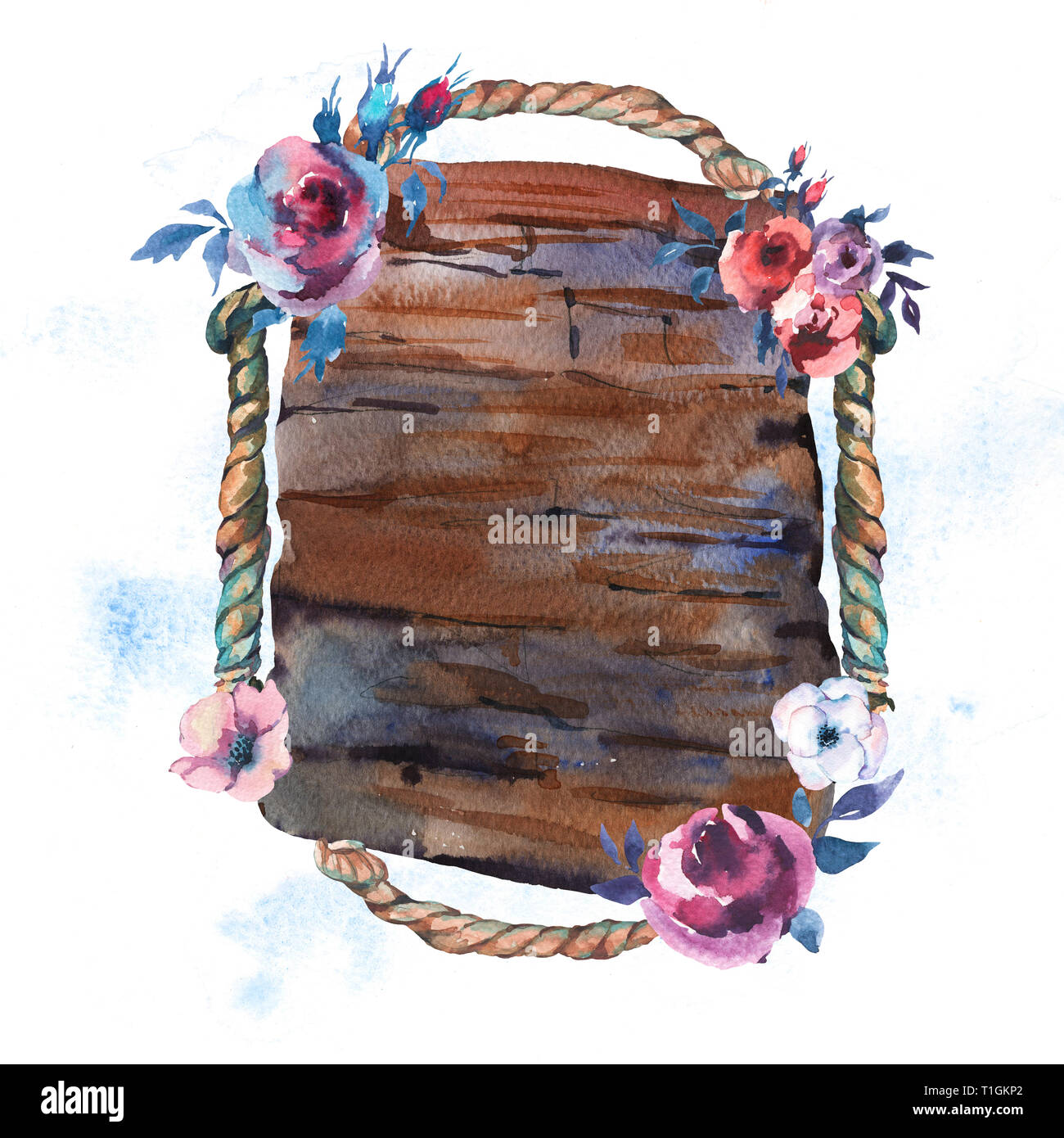 Watercolor floral rustic wooden textured surface and rope isolated on ...