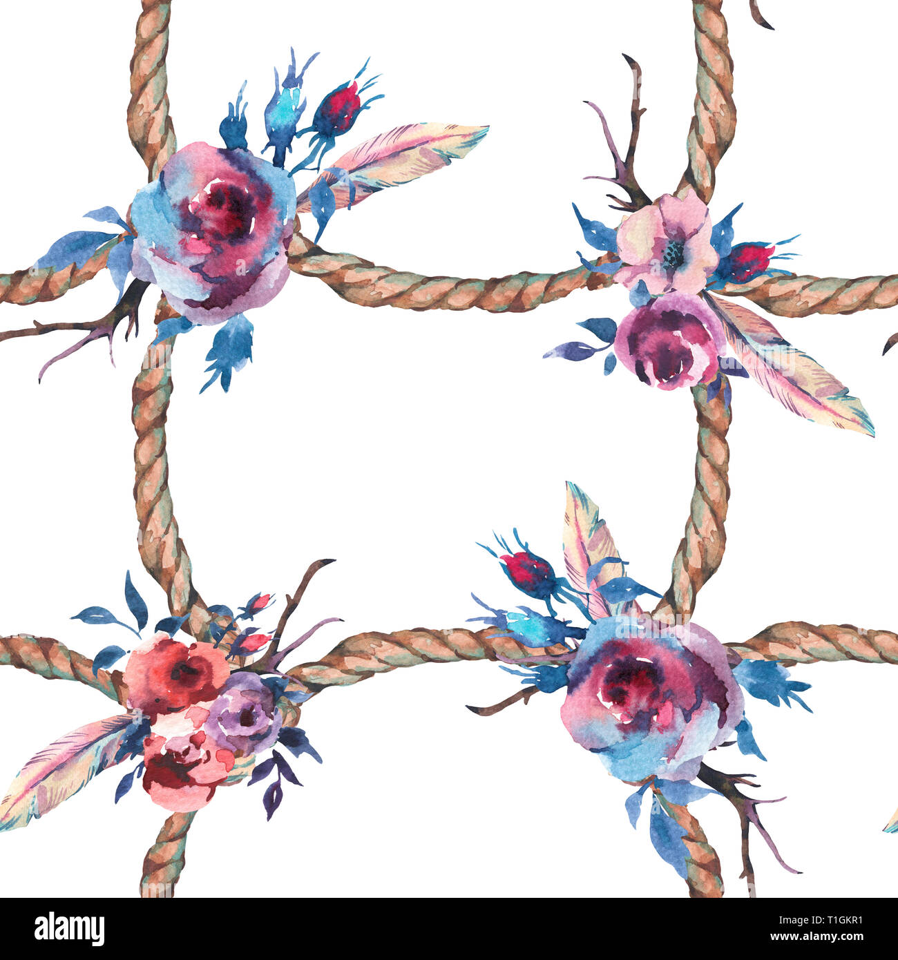 Watercolor floral rustic rope seamless pattern on white background ...
