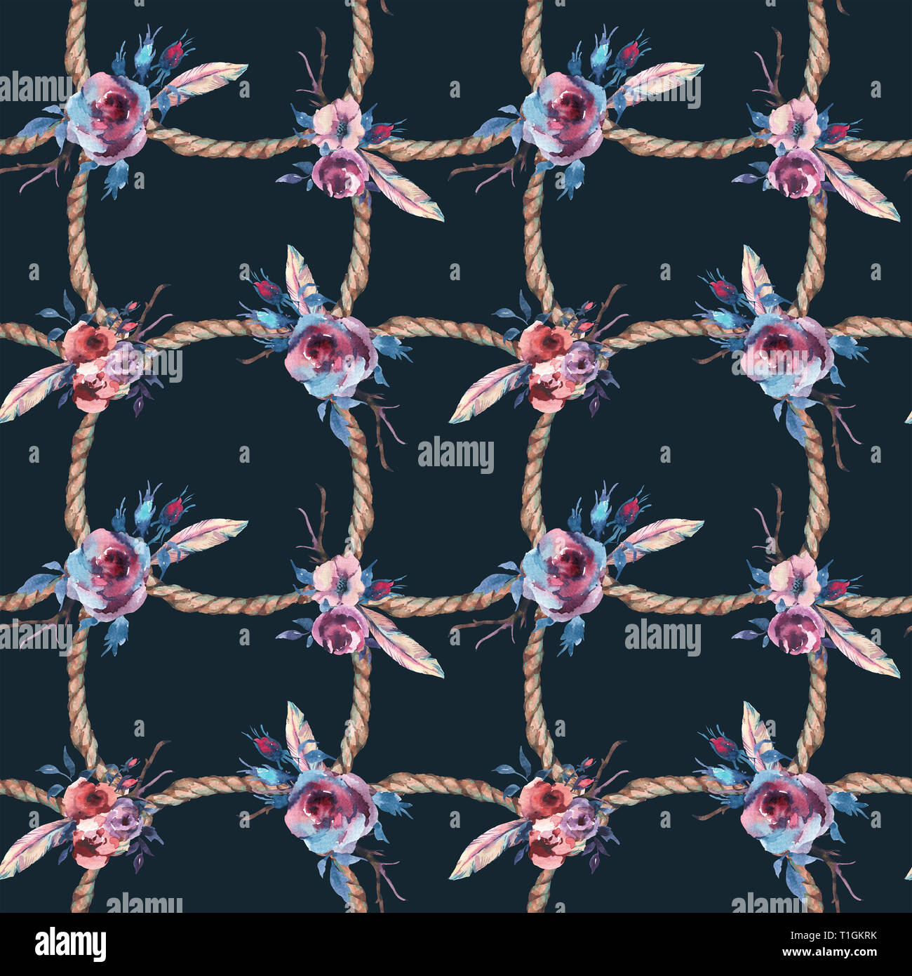Watercolor floral rustic rope seamless pattern on black background ...