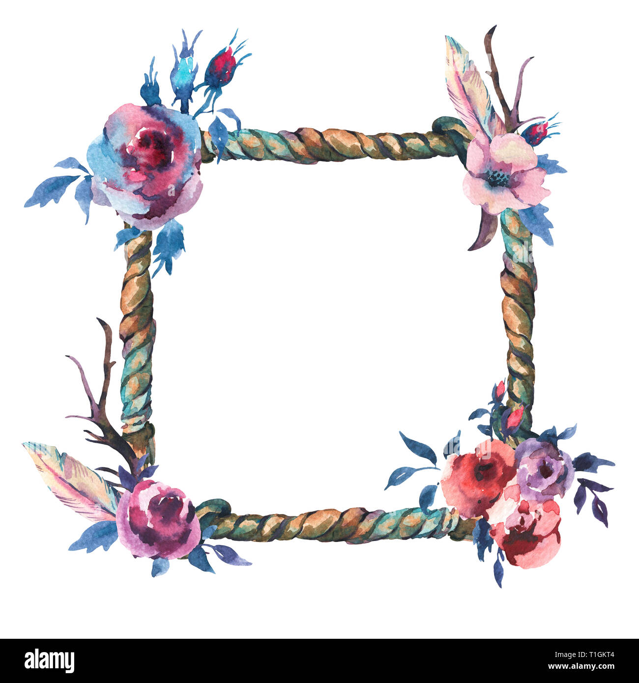 Watercolor floral rustic rope wreath isolated on white background ...