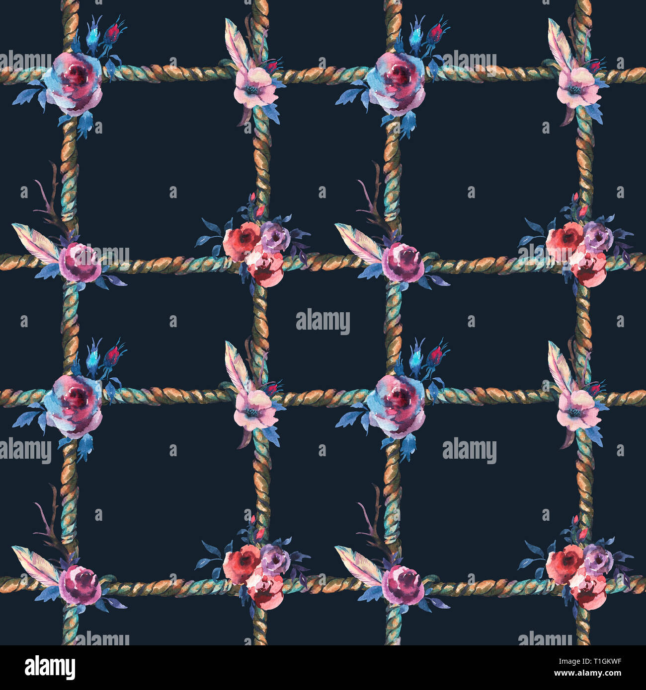 Watercolor floral rustic rope seamless pattern on black background ...