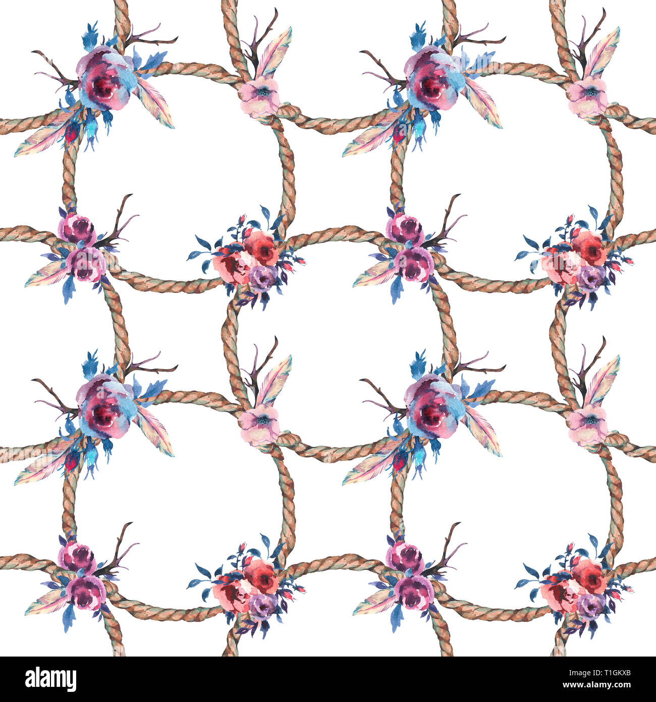 Watercolor floral rustic rope seamless pattern on white background ...