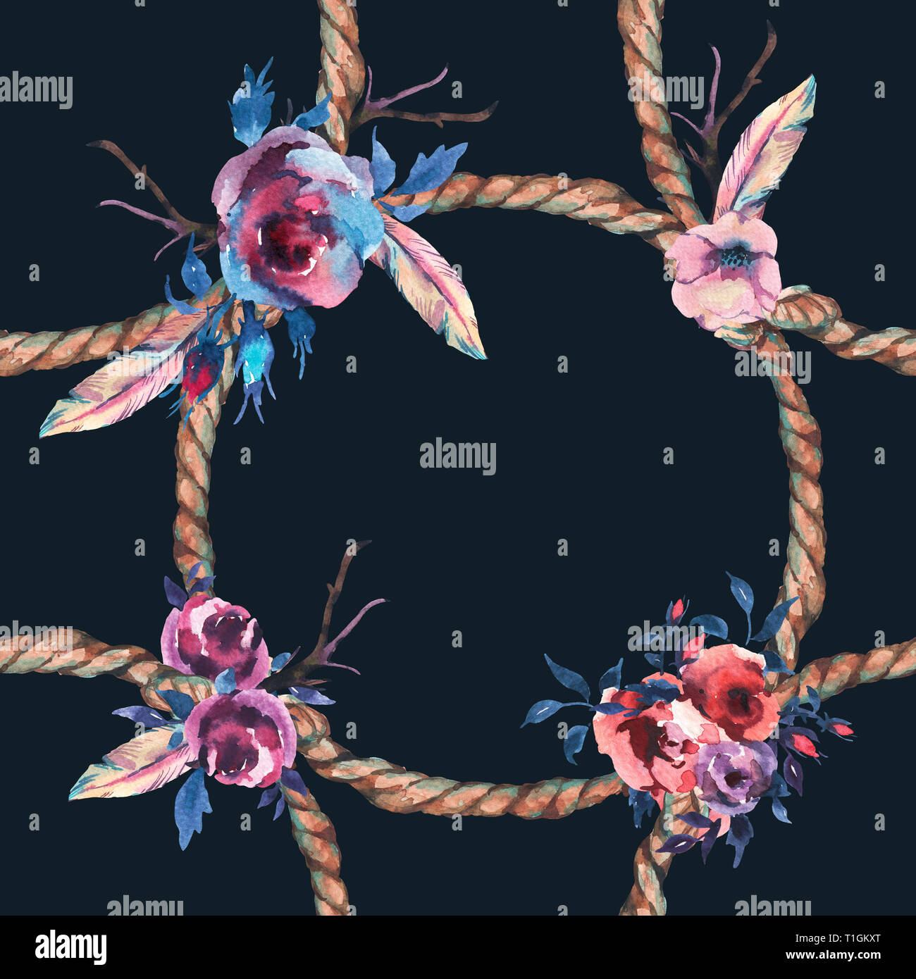 Watercolor floral rustic rope seamless pattern on black background ...