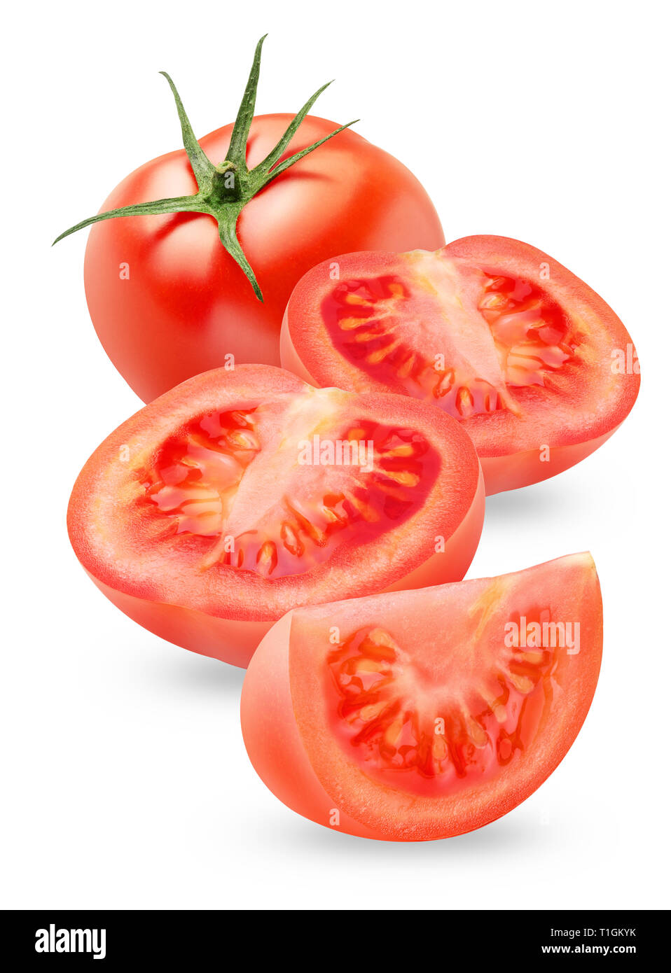 Isolated tomato. Fresh tomatoes cut in pieces isolated on white ...