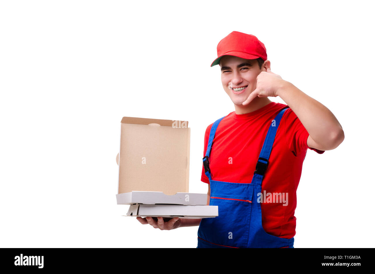 Pizza delivery worker isolated on white Stock Photo - Alamy
