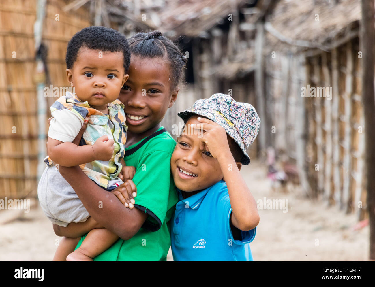 Andavadoaka, Madagascar - January 13th, 2019: Three local malagasy boys ...