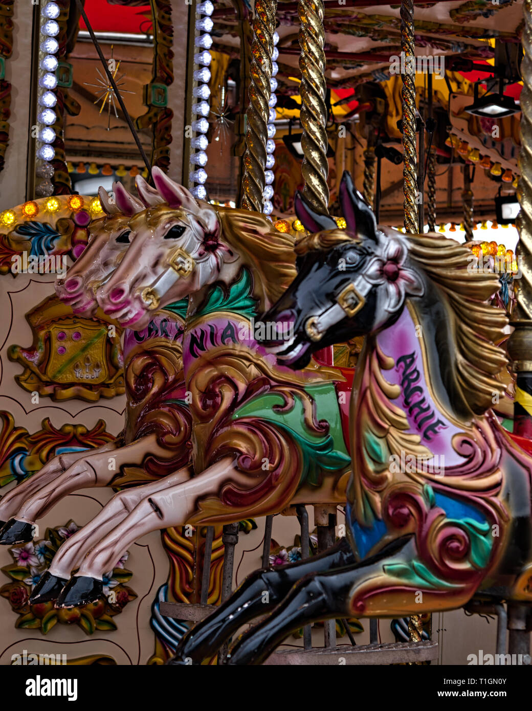 Three Colourful Carousel horses at a ride in Cardiff Bay, UK Stock ...