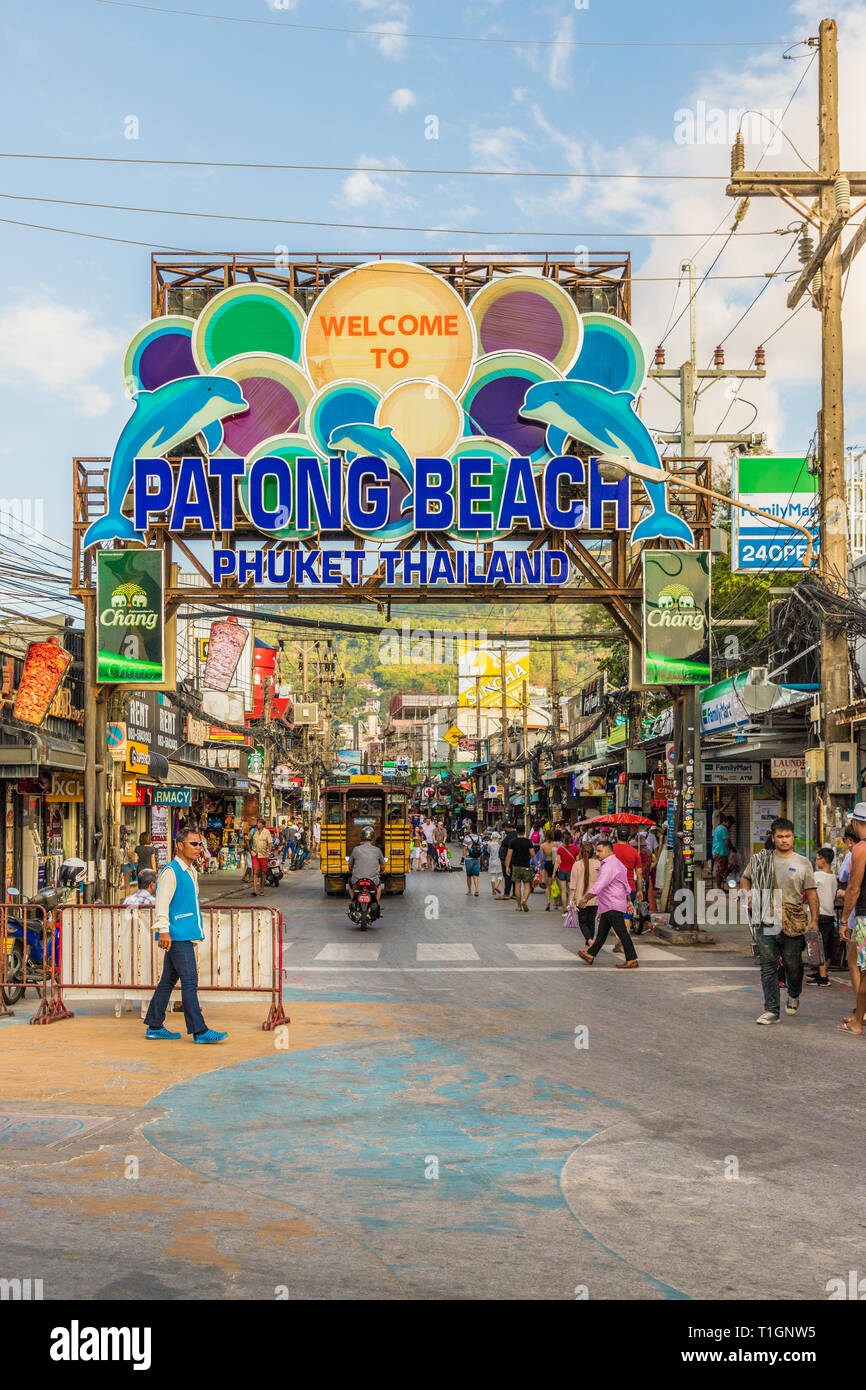 February 2019. Patong Thailand. A sign at the Bangla road entrance in ...
