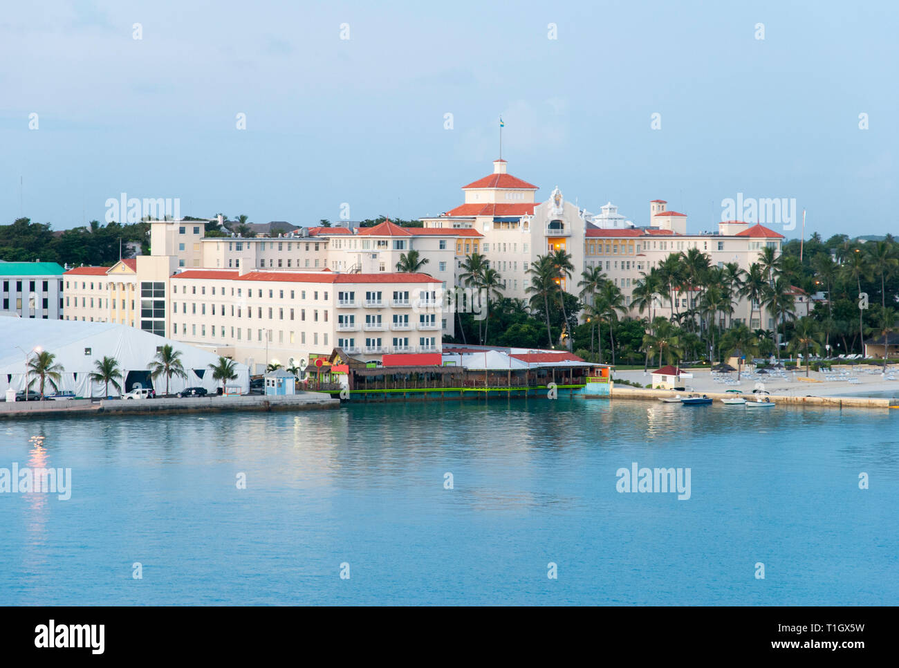 The view at dusk of historic colonial building in Nassau downtown ...