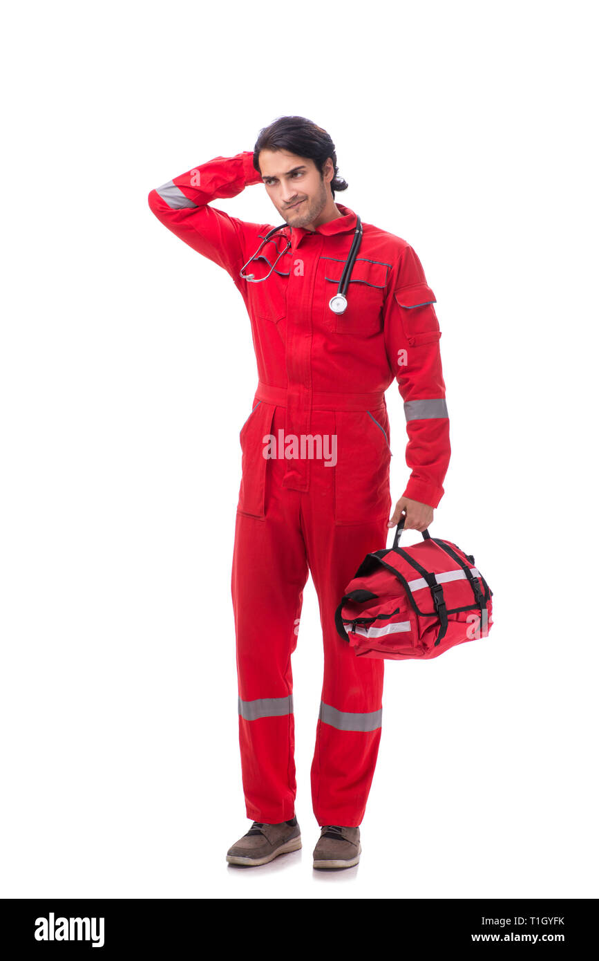Young paramedic in red uniform isolated on white Stock Photo - Alamy