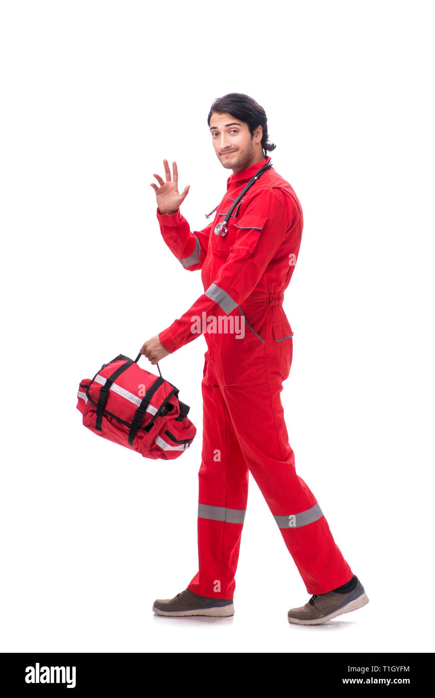 Young paramedic in red uniform isolated on white Stock Photo - Alamy