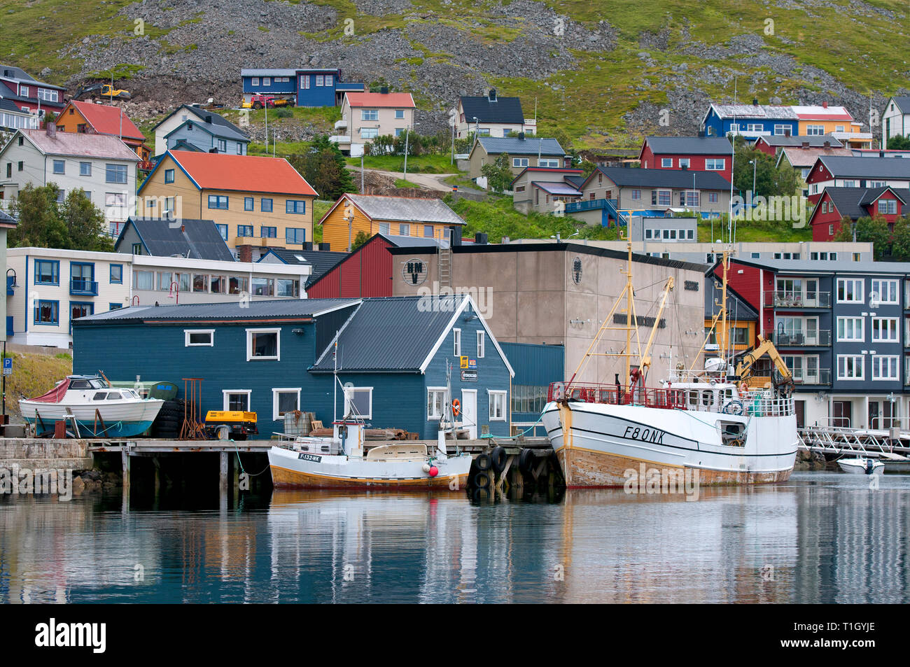Boats and coloured buildings in Honningsvag, Magerøya Island, County ...