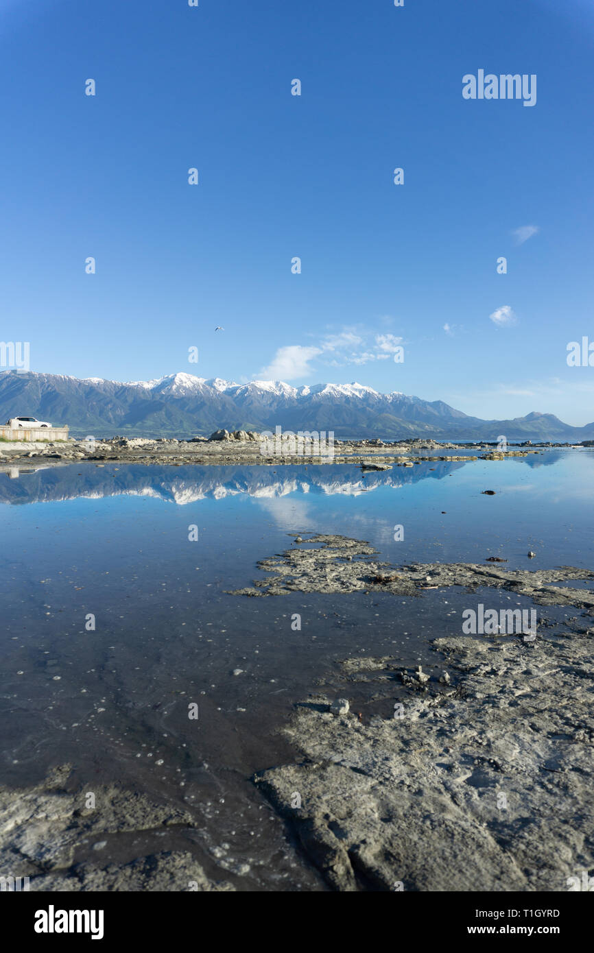 Snow-capped Kaikoura Mountains reflected in calm rockpool on mud-stone ...