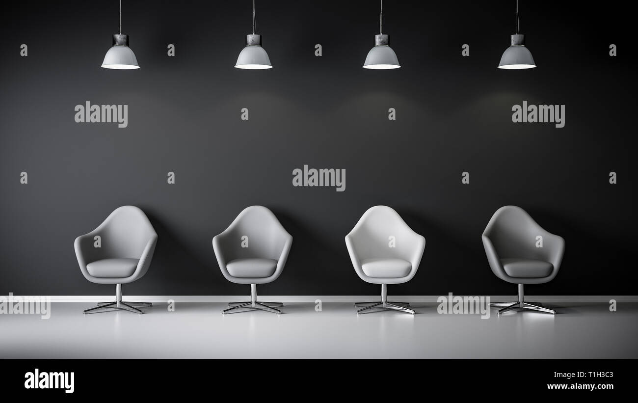 3D rendering of armchair and seat for interview candidate in front of ...