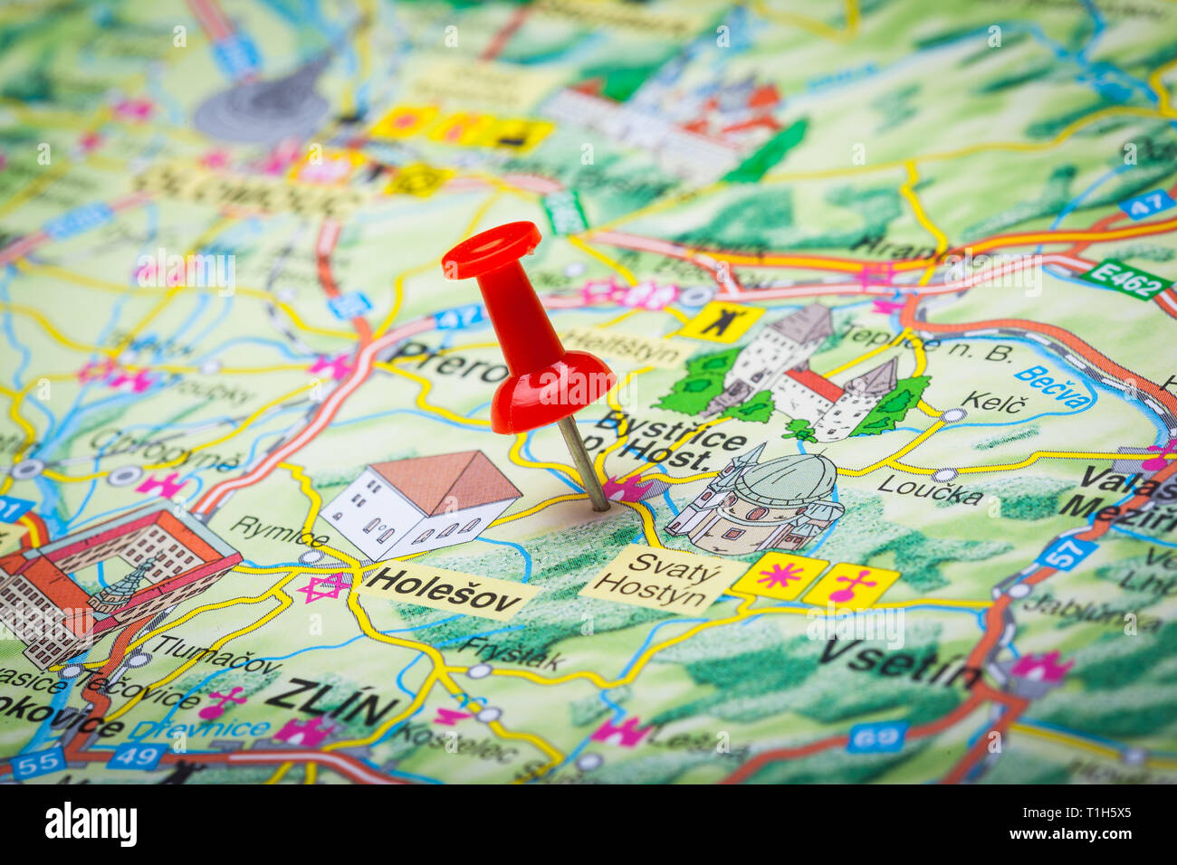 Travel destination points on a map indicated with colorful thumbtacks ...